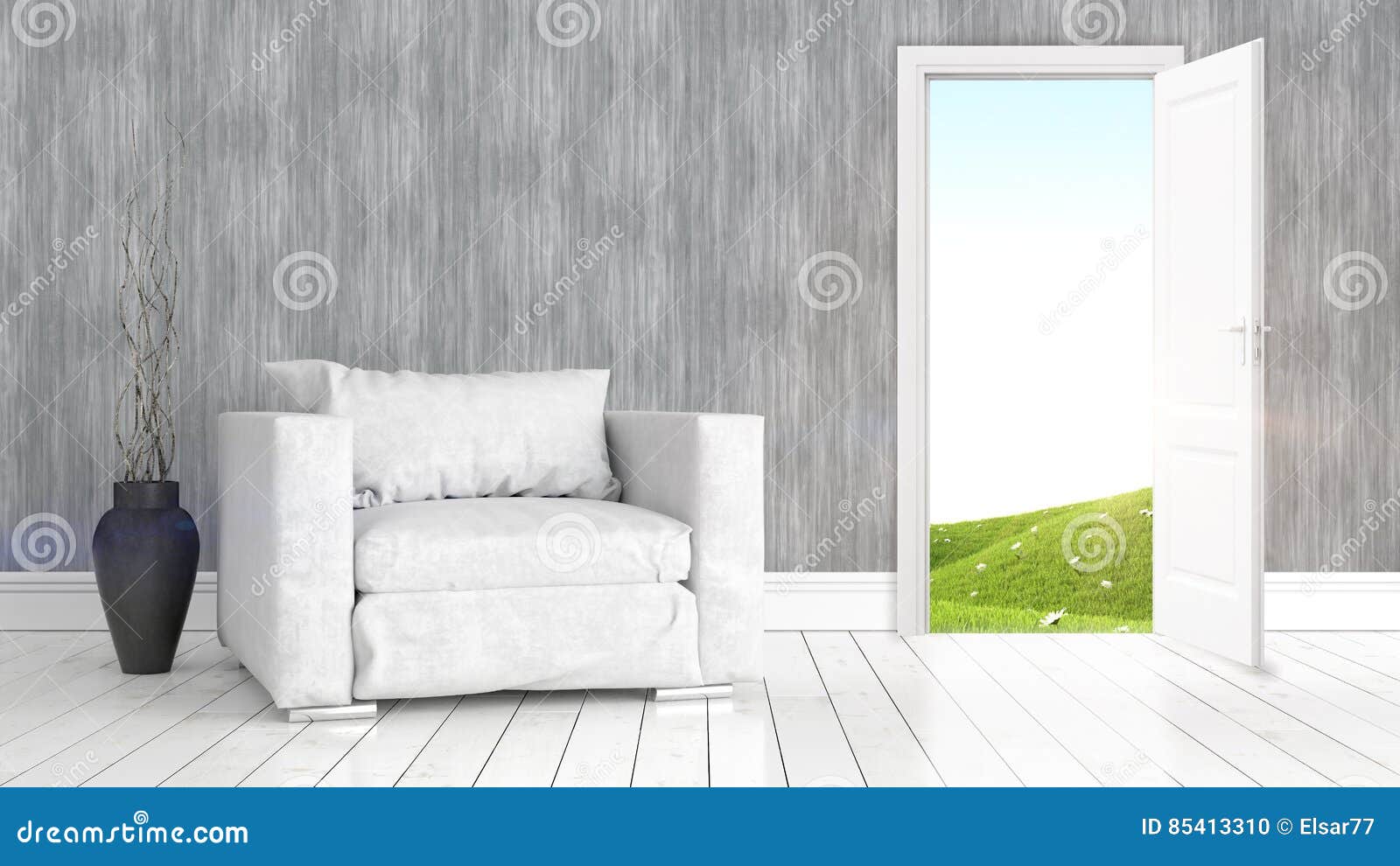 Modern Bright Interior with Open Door . 3D Rendering Stock Illustration ...