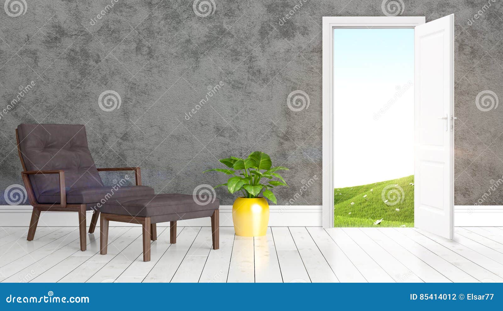 Modern Bright Interior with Open Door . 3D Rendering Stock Illustration ...