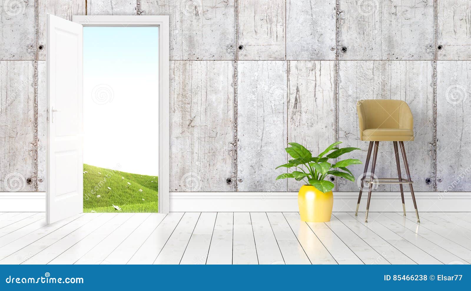 Modern Bright Interior with Open Door . 3D Rendering Stock Illustration ...