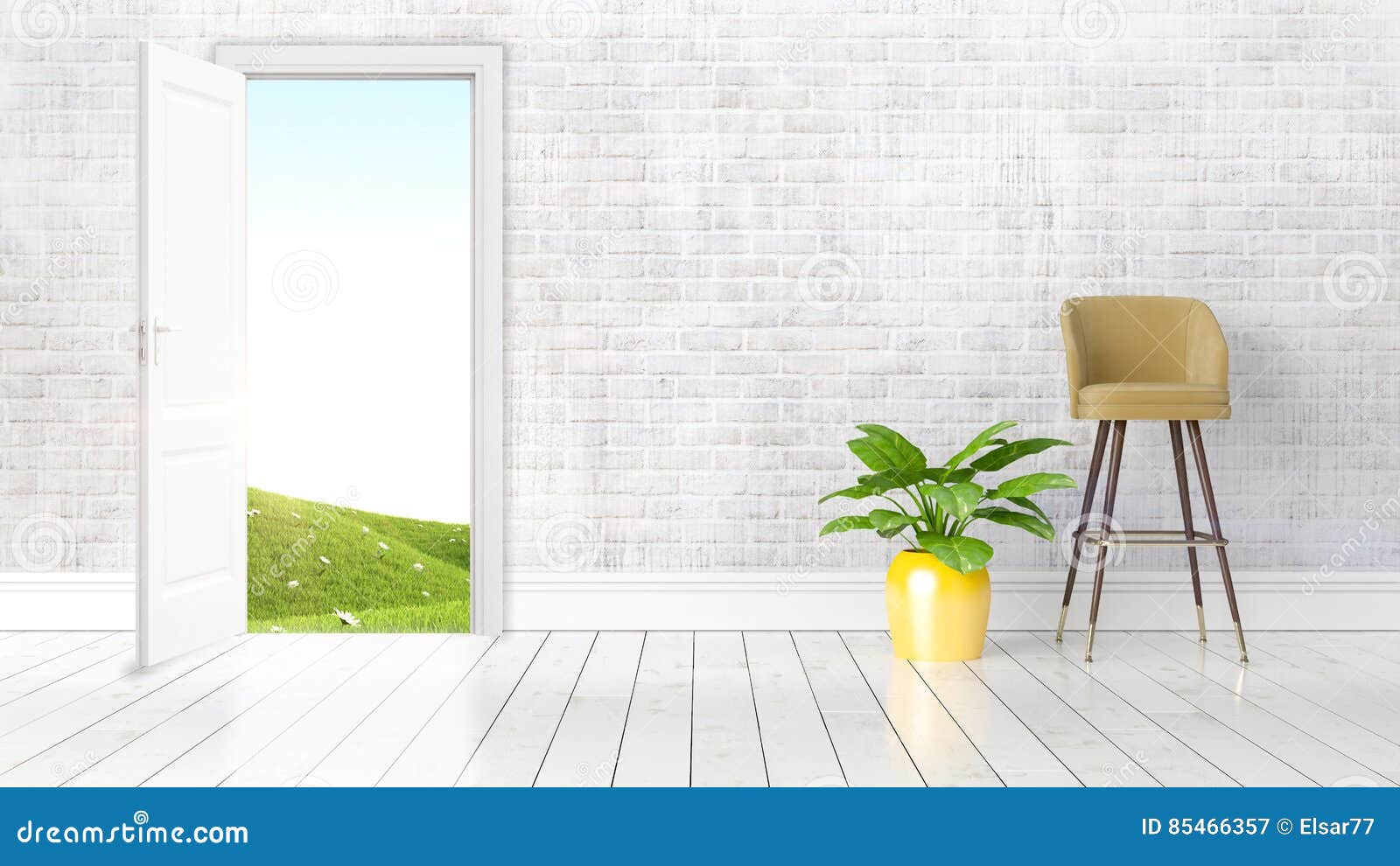 Modern Bright Interior with Open Door . 3D Rendering Stock Illustration ...