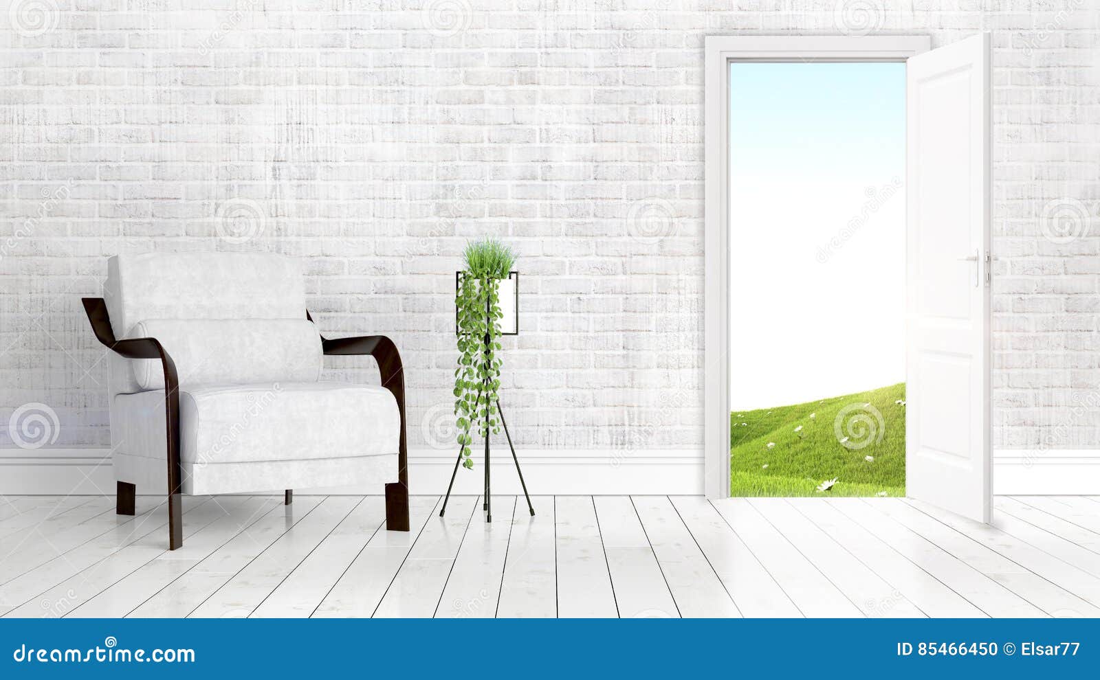 Modern Bright Interior with Open Door . 3D Rendering Stock Illustration ...