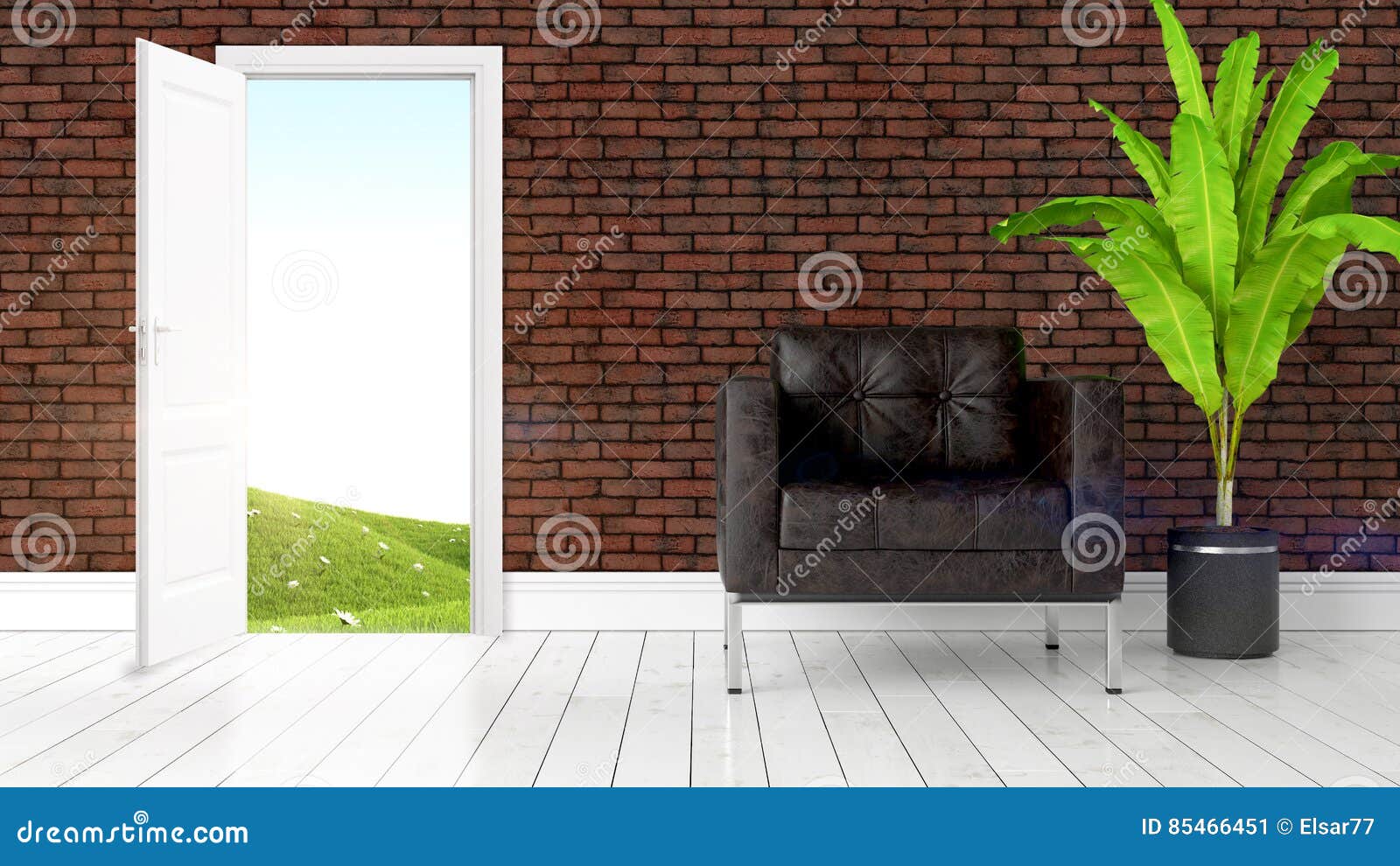 Modern Bright Interior with Open Door . 3D Rendering Stock Illustration ...