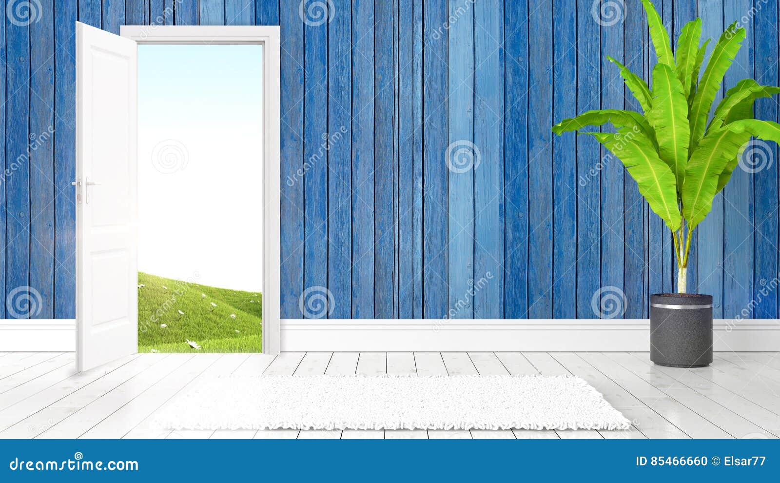 Modern Bright Interior with Open Door . 3D Rendering Stock Illustration ...