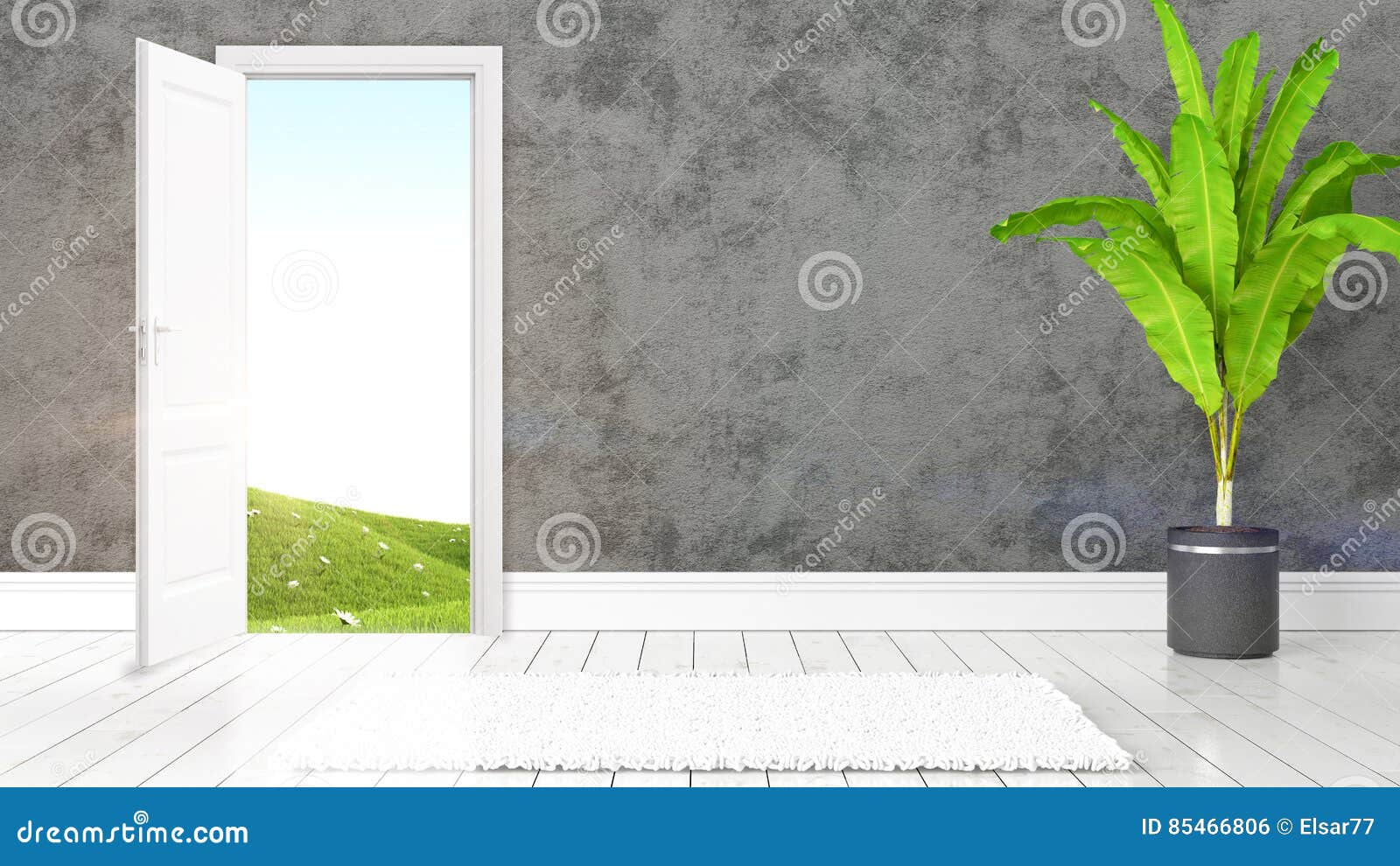 Modern Bright Interior with Open Door . 3D Rendering Stock Illustration ...