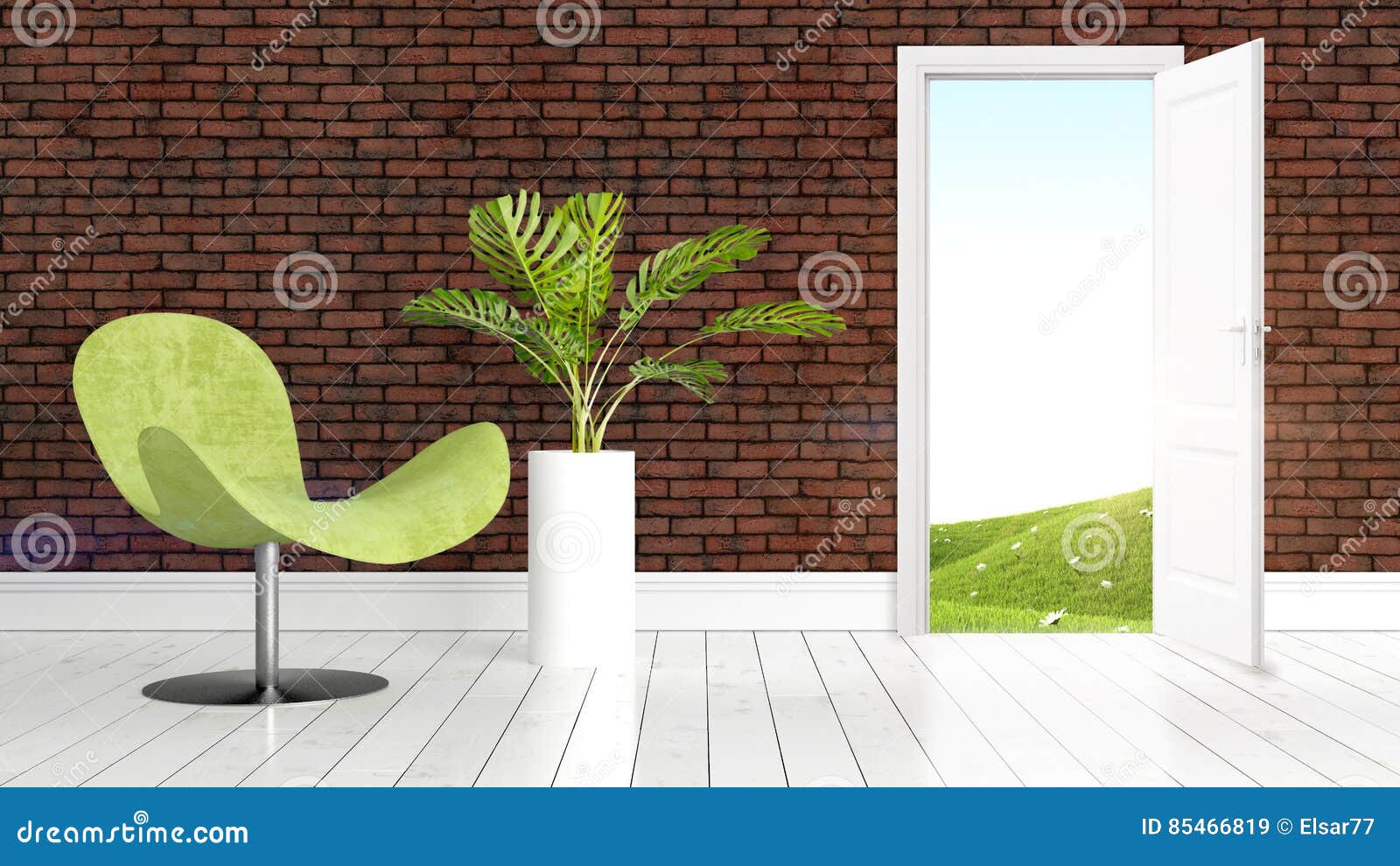 Modern Bright Interior with Open Door . 3D Rendering Stock Illustration ...