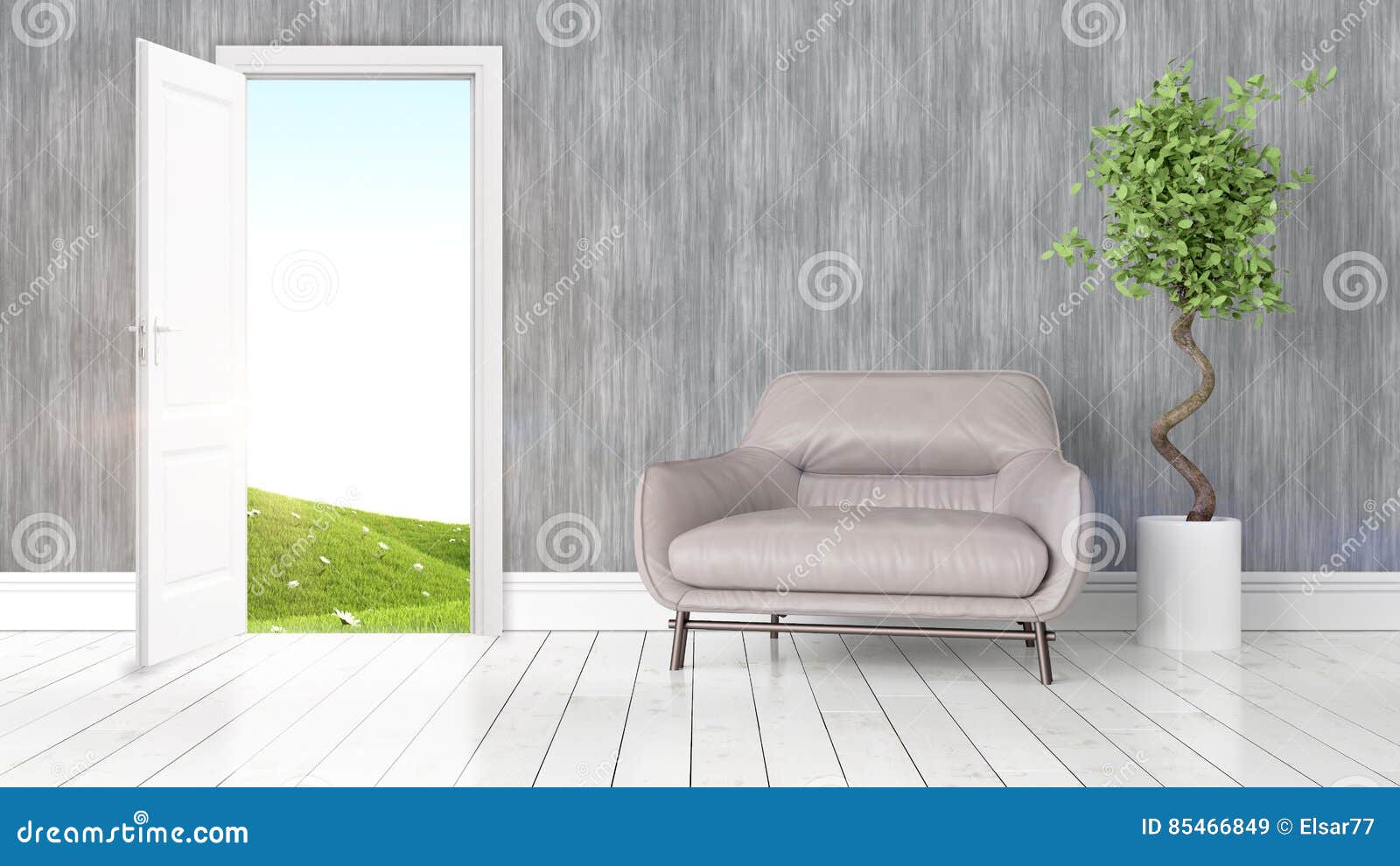 Modern Bright Interior with Open Door . 3D Rendering Stock Illustration ...