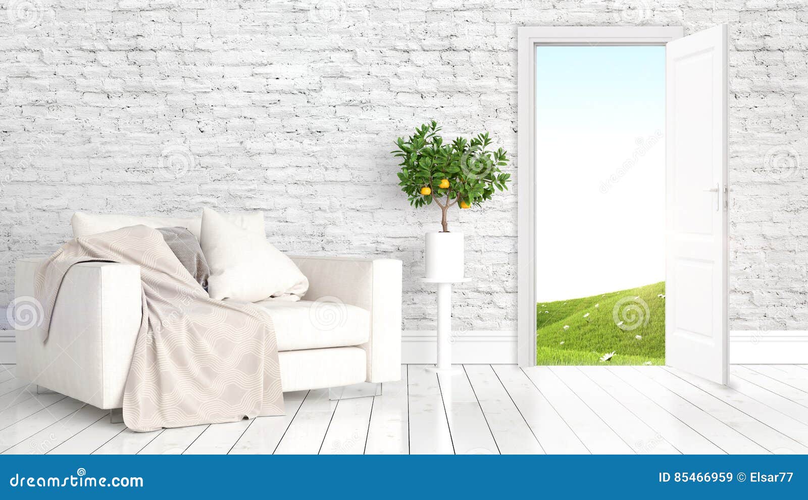Modern Bright Interior with Open Door . 3D Rendering Stock Illustration ...