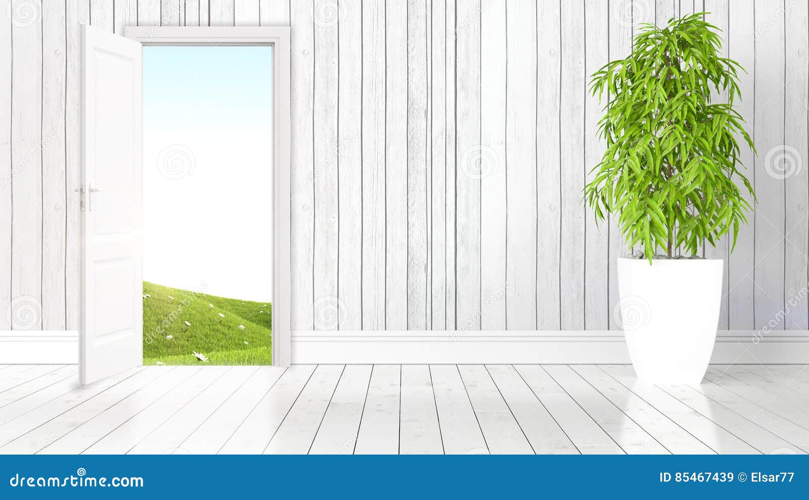 Modern Bright Interior with Open Door . 3D Rendering Stock Illustration ...