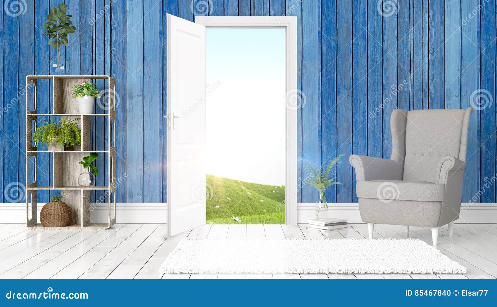 Modern Bright Interior with Open Door . 3D Rendering Stock Illustration ...