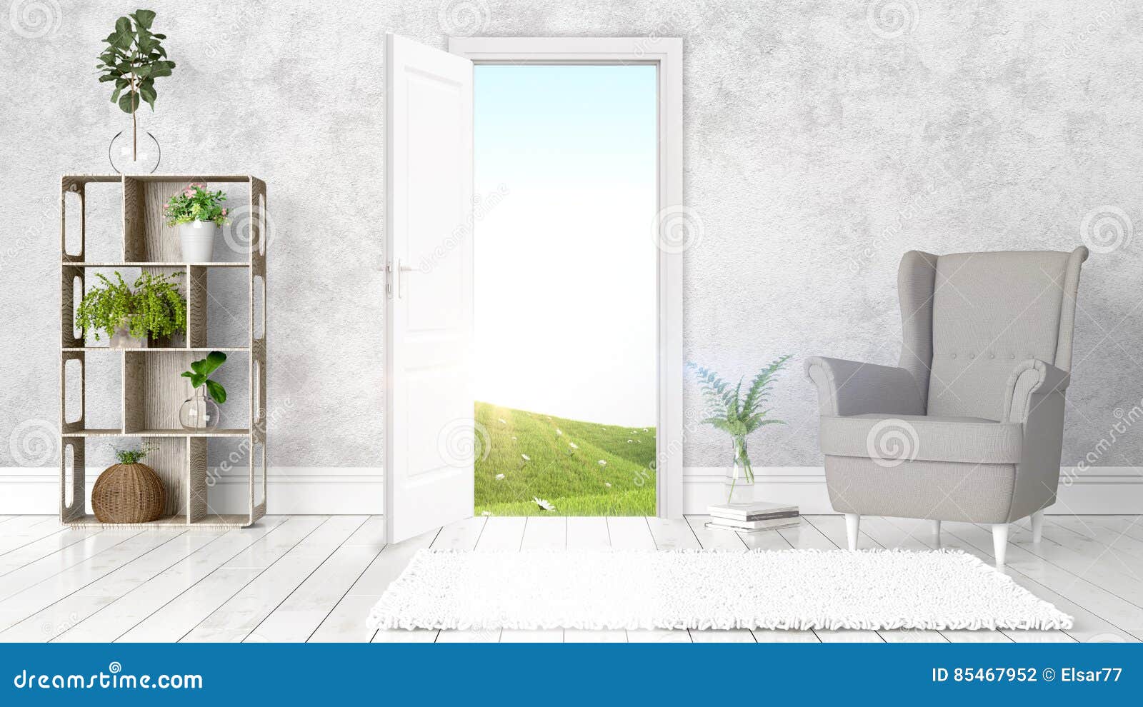 Modern Bright Interior with Open Door . 3D Rendering Stock Illustration ...