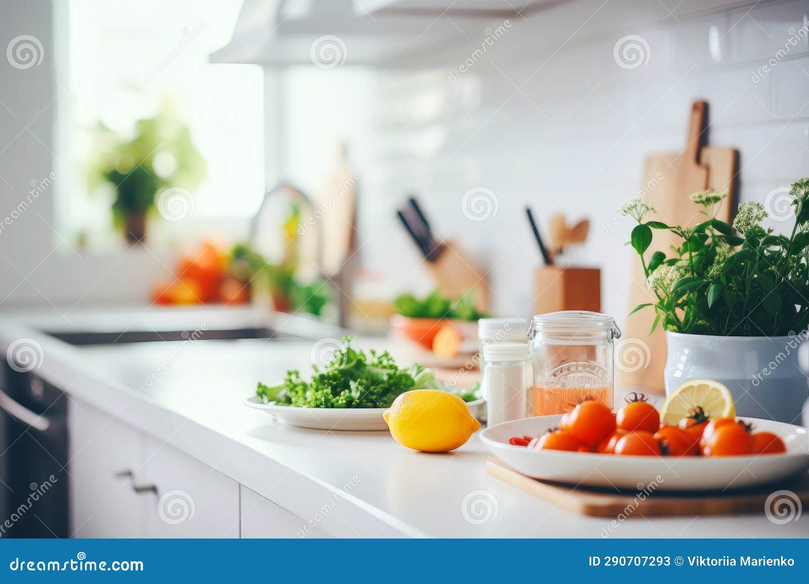 Modern Bright Kitchen with Countertops and Products Stock Illustration ...