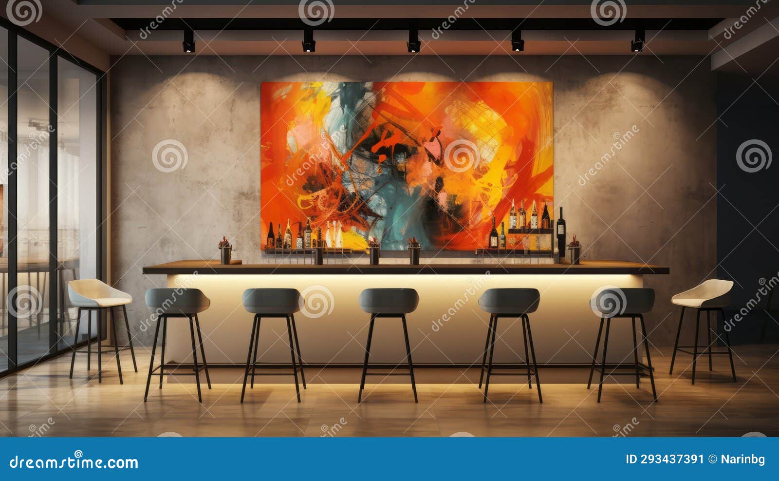 Modern Bright Kitchen Room and Bar Interiors with Art Wallpaper Stock ...