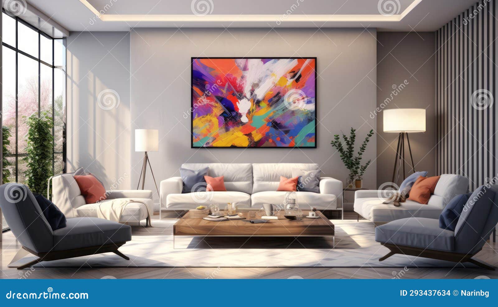 Modern Bright Living Room Interiors with Art Wallpaper Stock ...