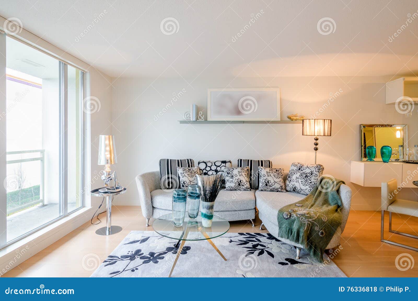 Modern bright living room stock photo. Image of comfort - 76336818