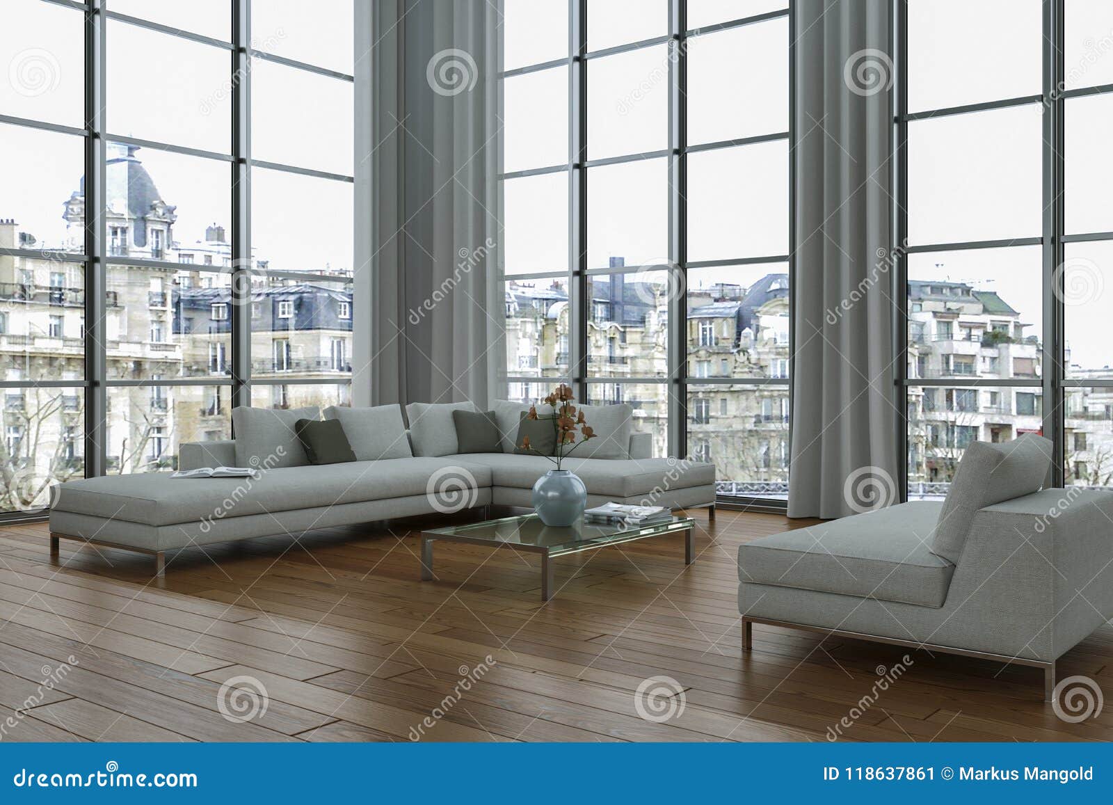 Modern Bright Loft with Big Windows Interior Design Stock Illustration ...