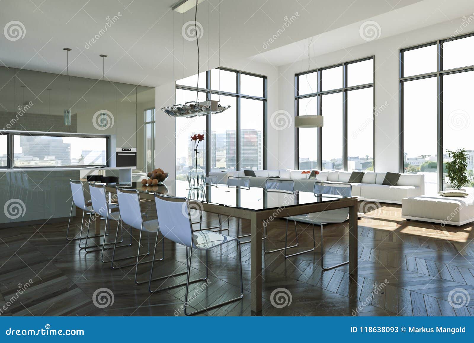 Modern Bright Loft with Big Windows Interior Design Stock Illustration ...