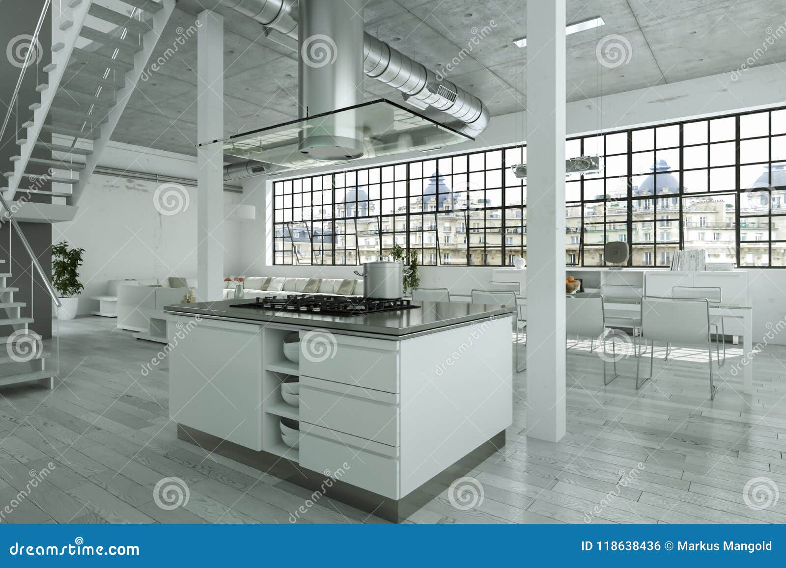 Modern Bright Loft with Big Windows Interior Design Stock Illustration ...