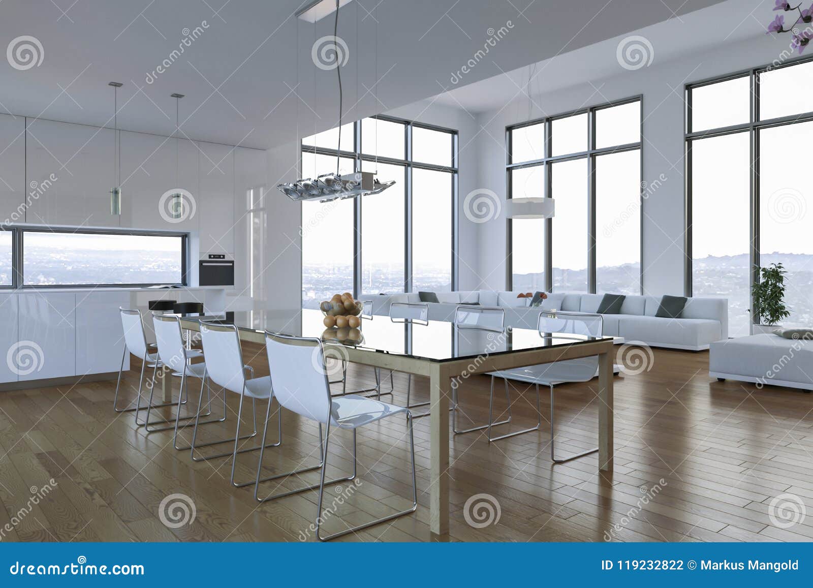 Modern Bright Loft with Big Windows Interior Design Stock Illustration ...