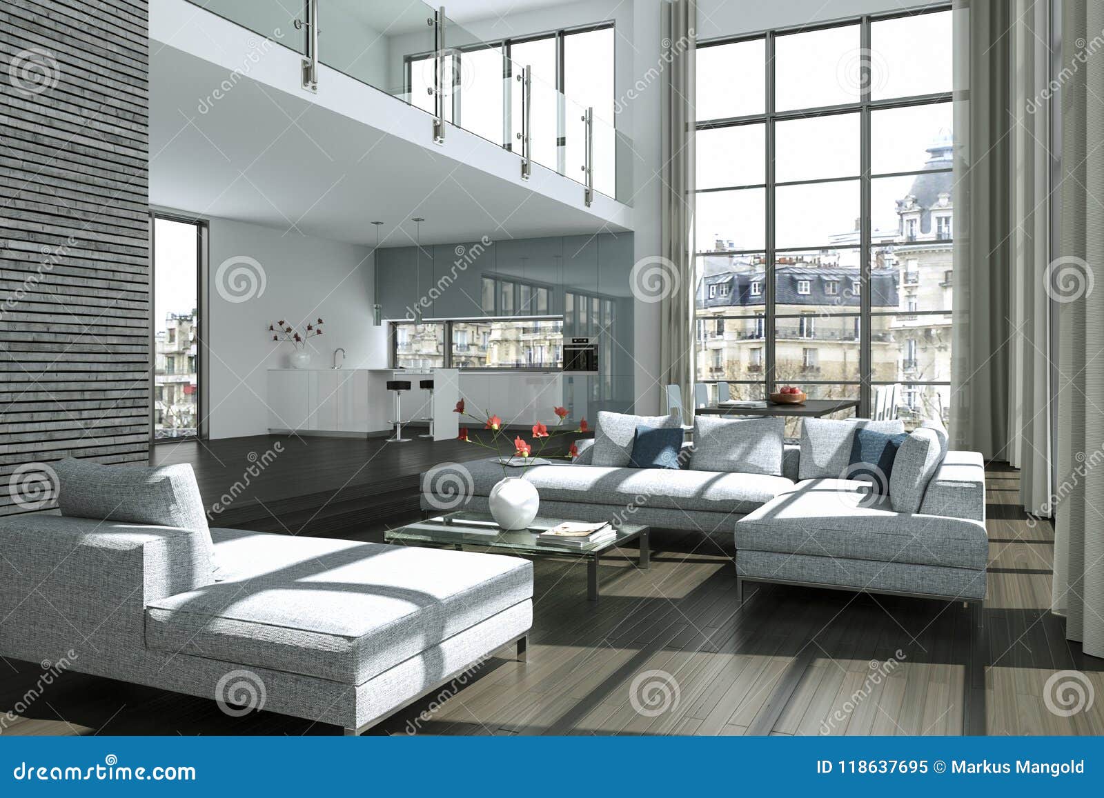 Modern Bright Loft with Big Windows Interior Design Stock Illustration ...