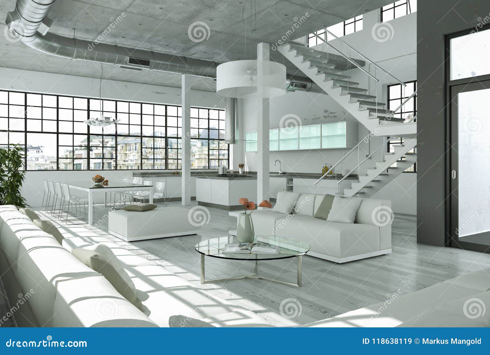 Modern Bright Loft with Big Windows Interior Design Stock Illustration ...