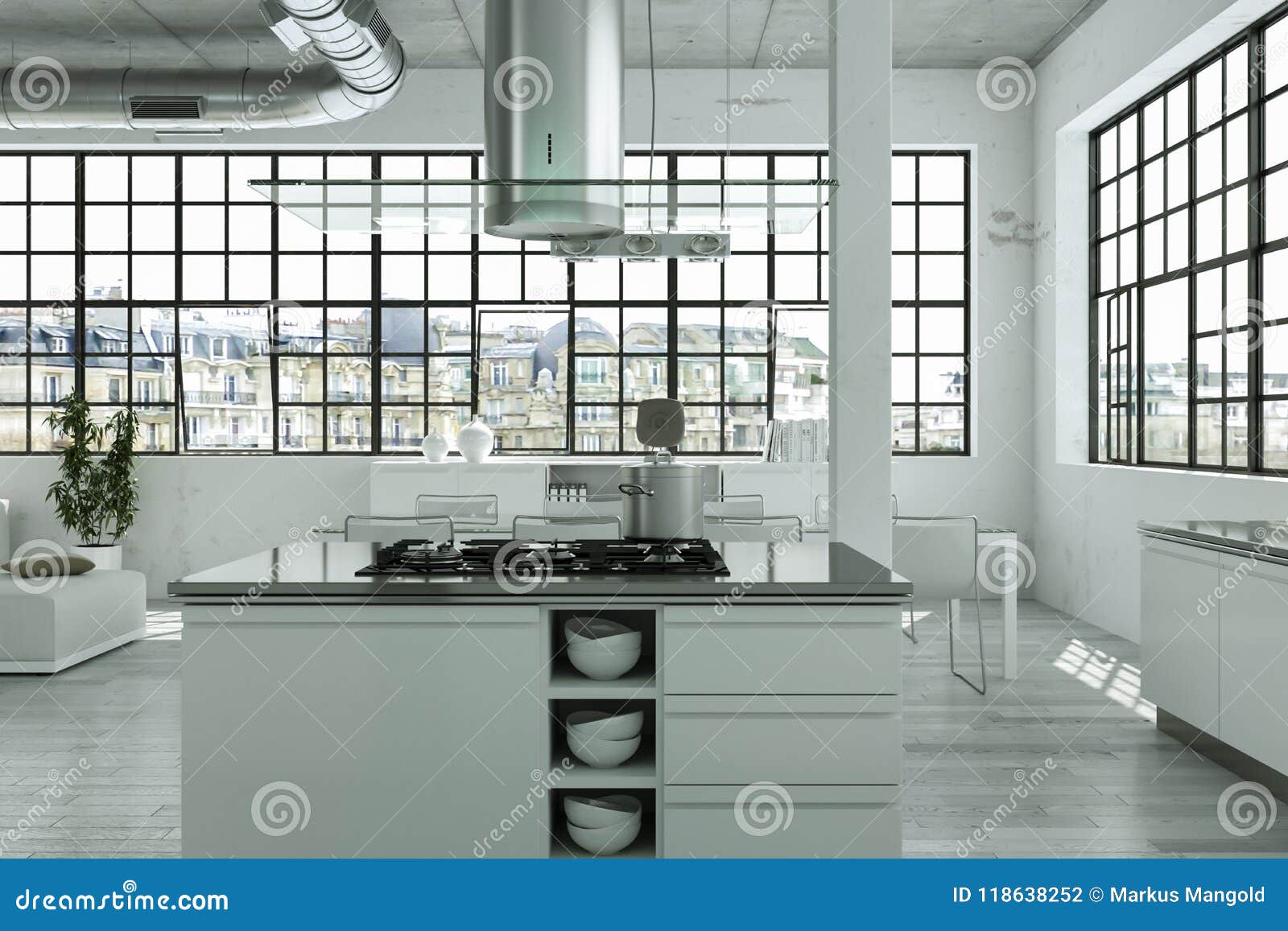 Modern Bright Loft with Big Windows Interior Design Stock Illustration ...