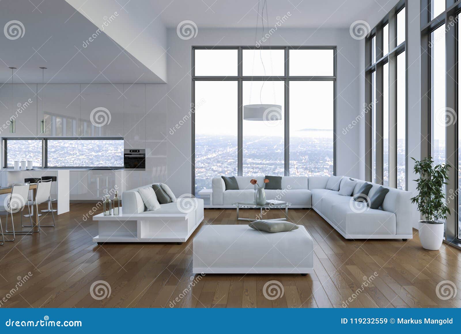 Modern Bright Loft with Big Windows Interior Design Stock Illustration ...