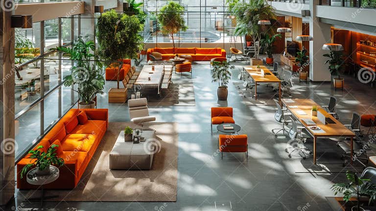 Modern Bright Office with an Open, Collaborative Space, Shared Tables ...