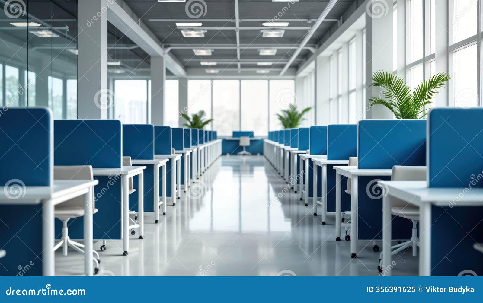 Modern Bright Office Space with Blue Partitions, White Tables. Empty ...