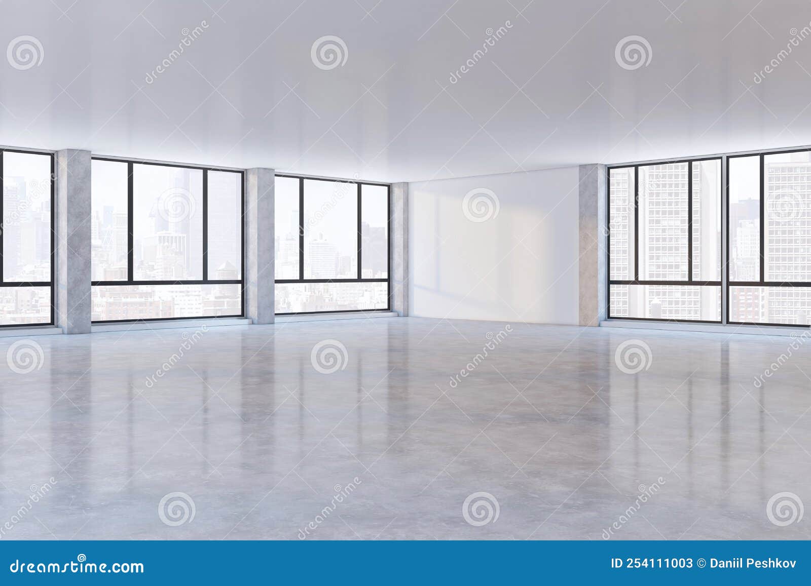 Modern Bright Room Interior with Panoramic Windows, Reflections and ...