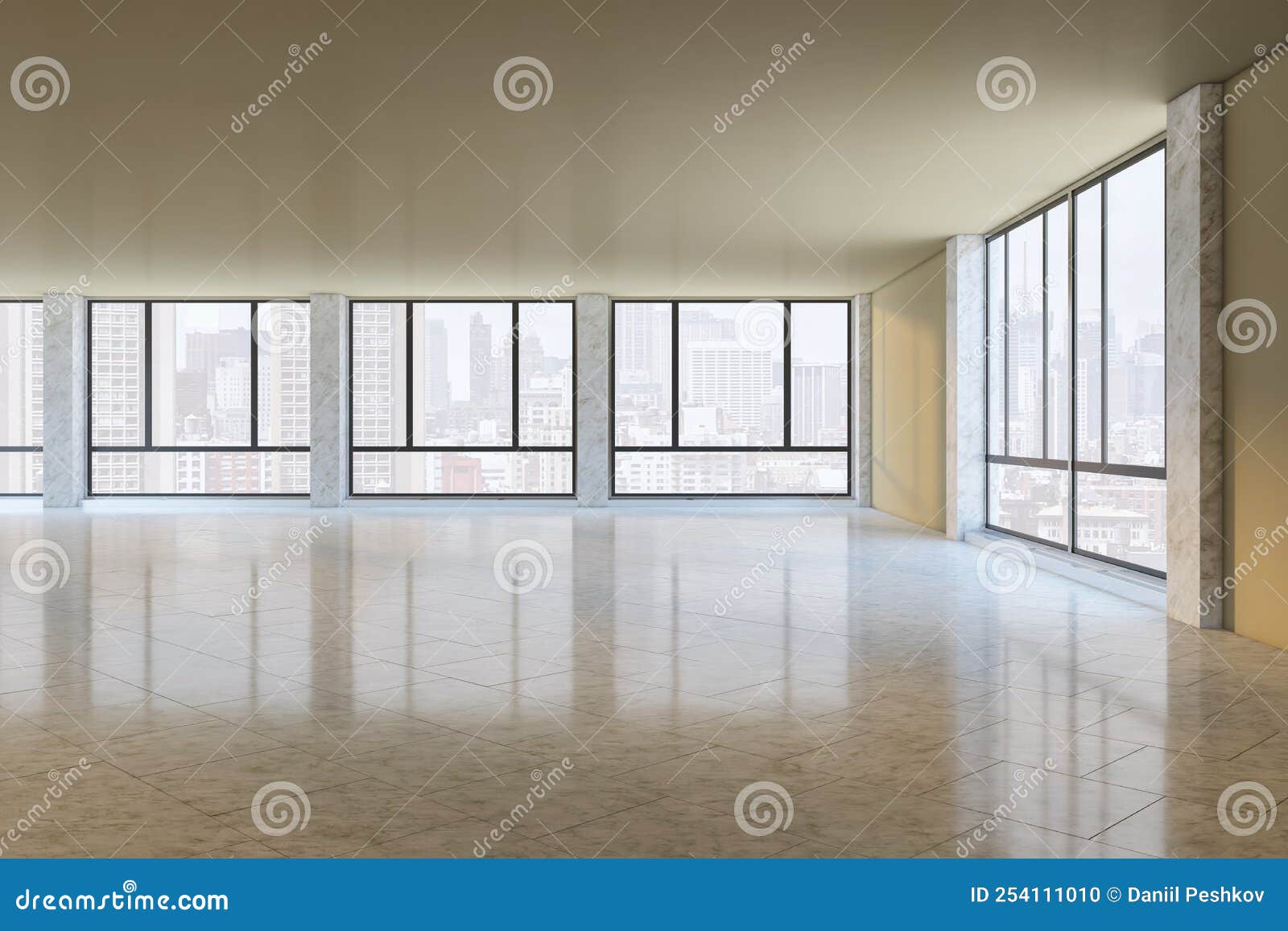 Modern Bright Room Interior with Panoramic Windows, Reflections and ...