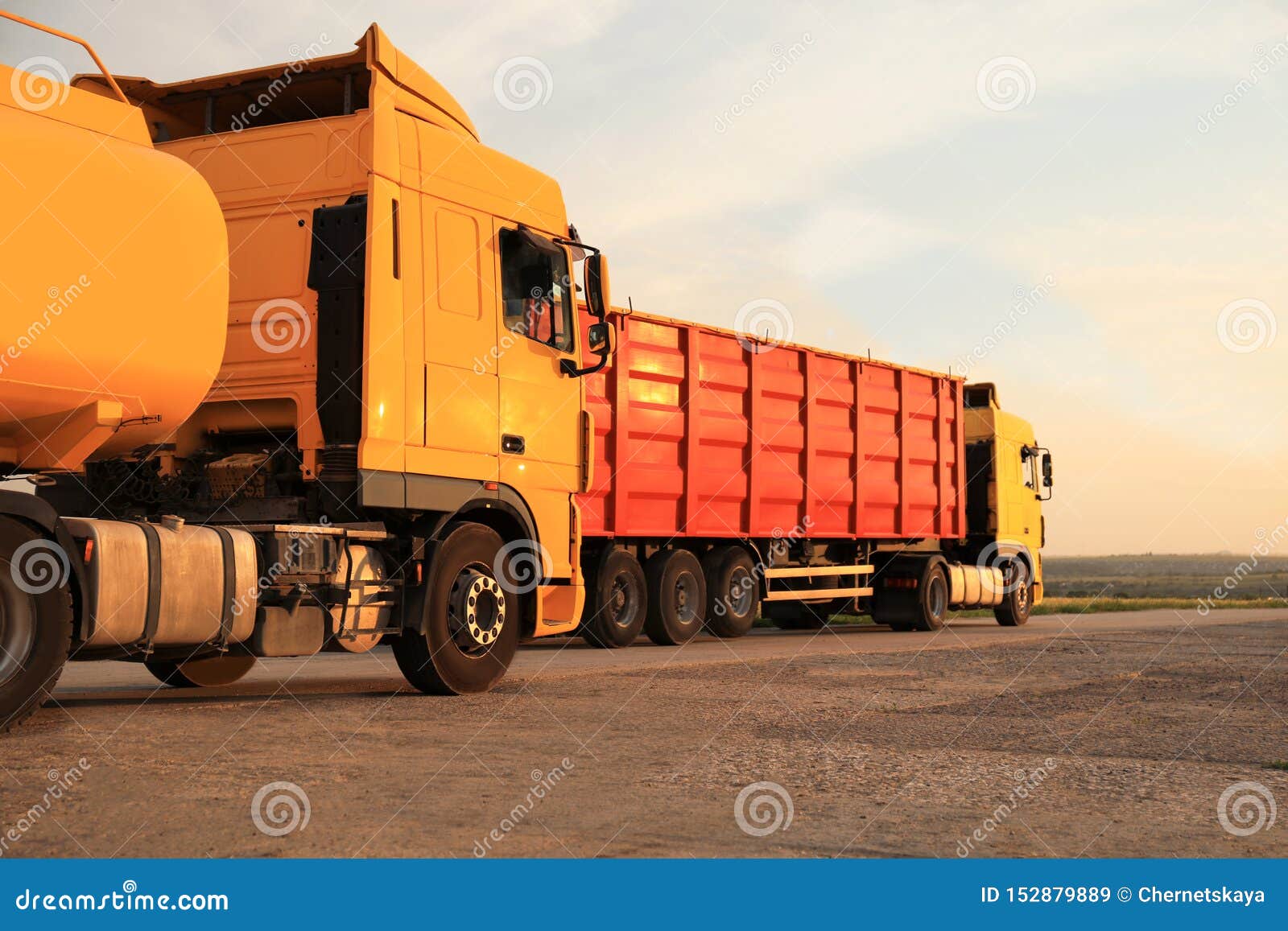 Modern Bright Trucks Parked on Road Stock Image - Image of driving ...
