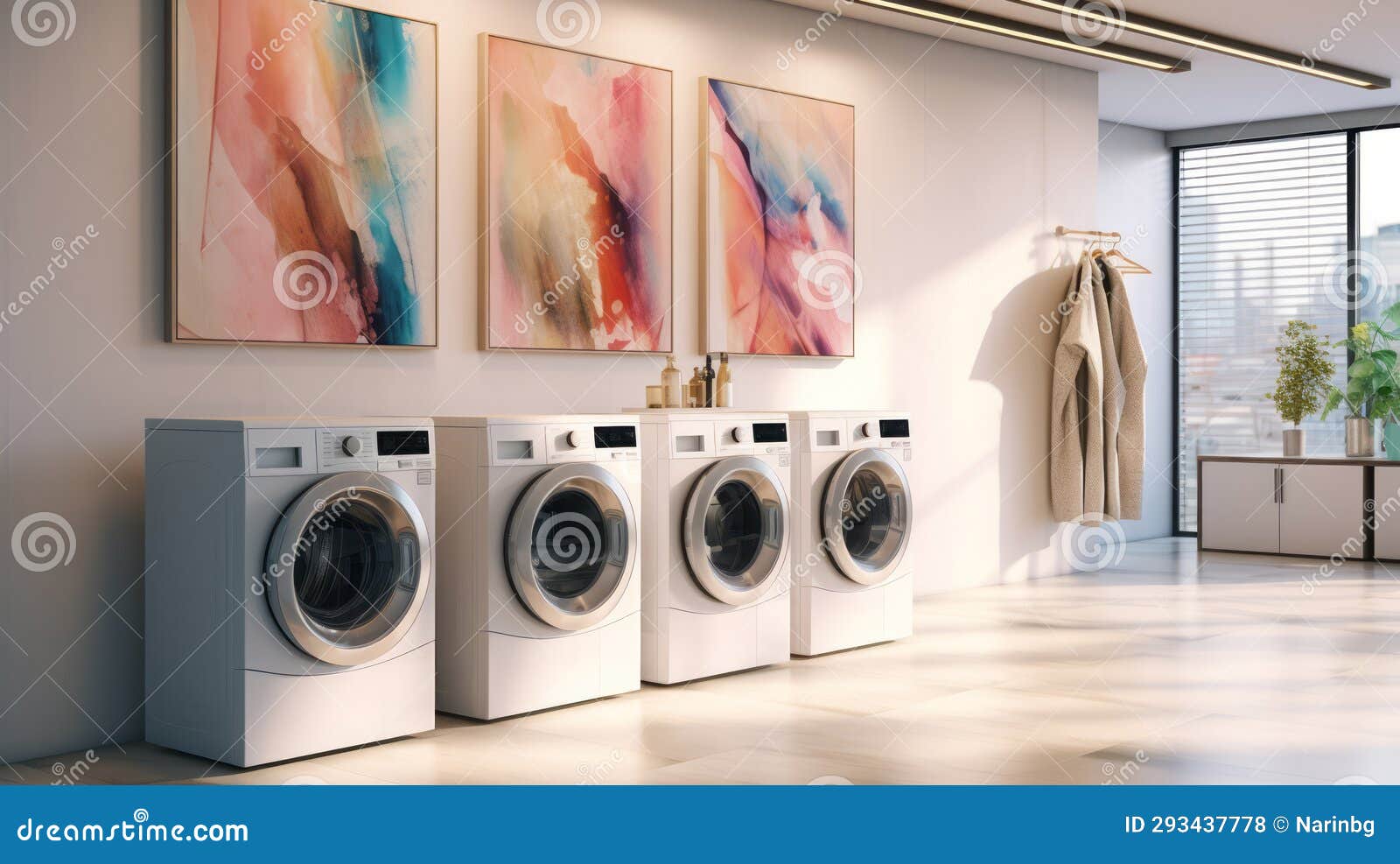 Modern Bright Washing Room Interiors with Art Wallpaper Stock ...