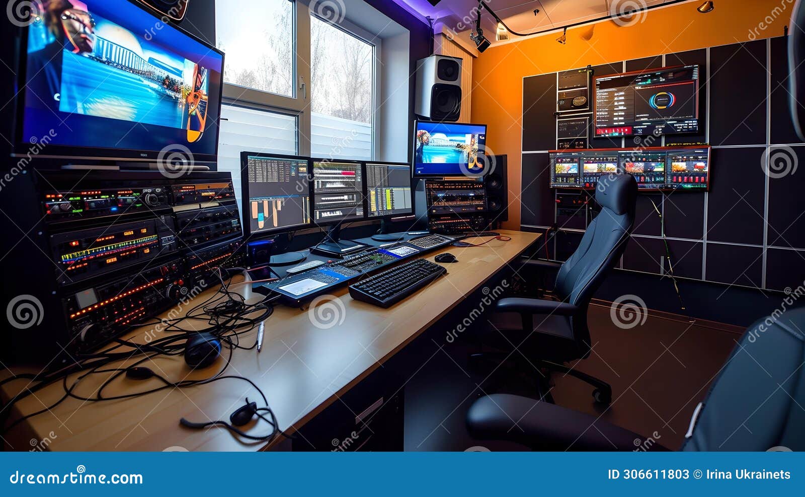 Modern Broadcast Studio Interior with Multiple Screens and Control ...