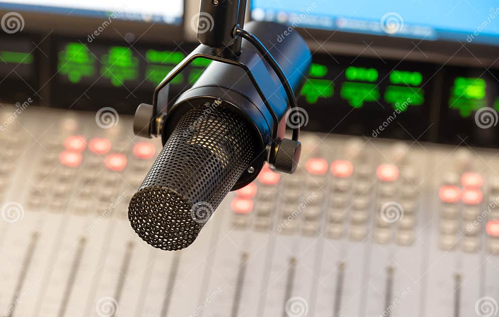 Modern Broadcasting Studio Microphone Over Audio Mixer Board Stock ...