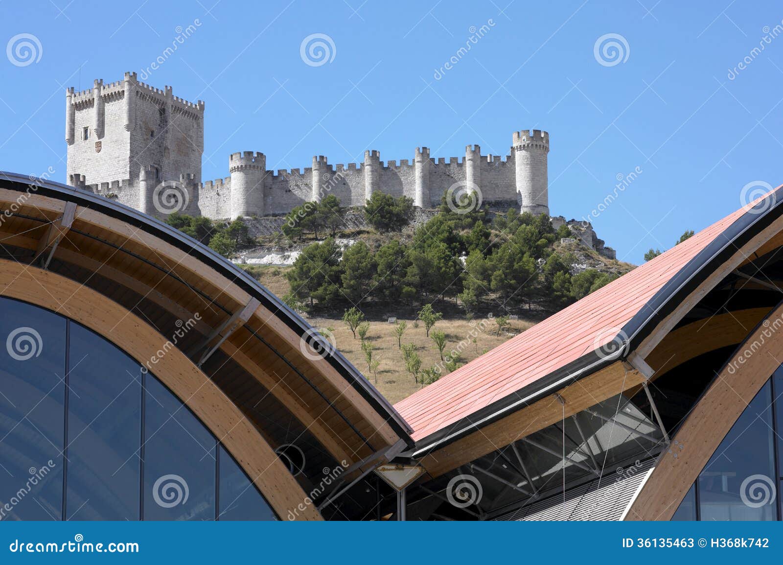 Modern Building Against Old Spanish Castle Stock Image - Image of tower ...
