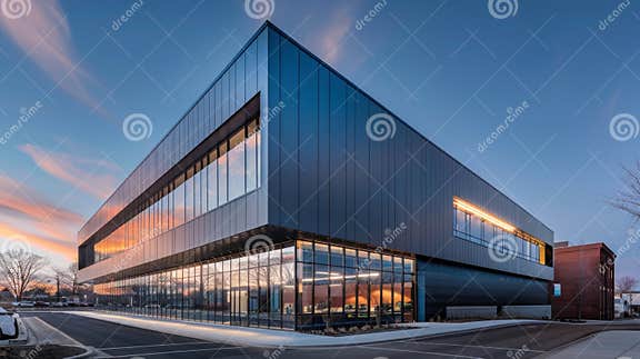 Modern Building in Aluminum Siding and Flat Angled Roofline and Front ...