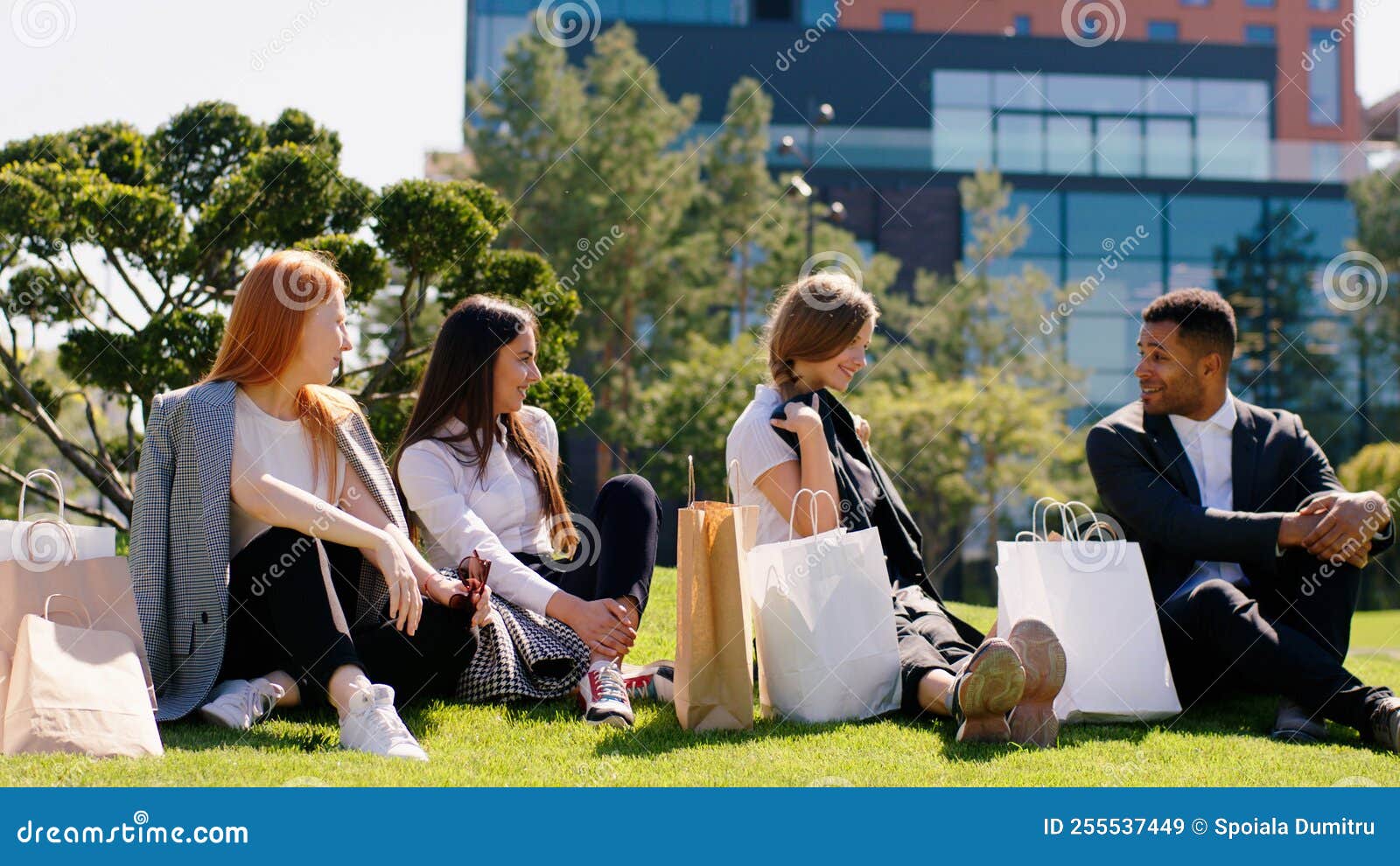 Modern Building Architecture Group of Office Workers after Work ...