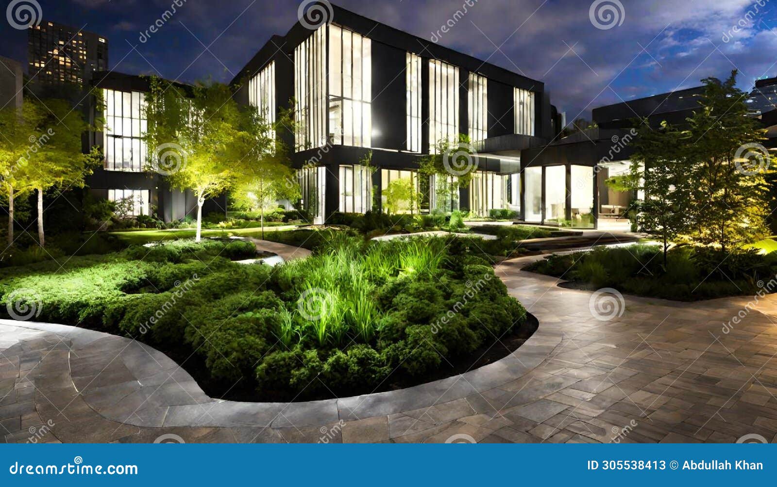 Modern Building in the City at Night and Beautiful Stock Illustration ...