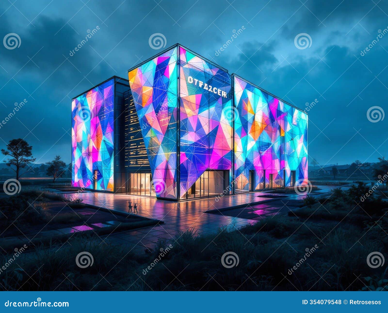 Modern Building with Colorful Led Wall Lighting Up at Dusk Stock Photo ...