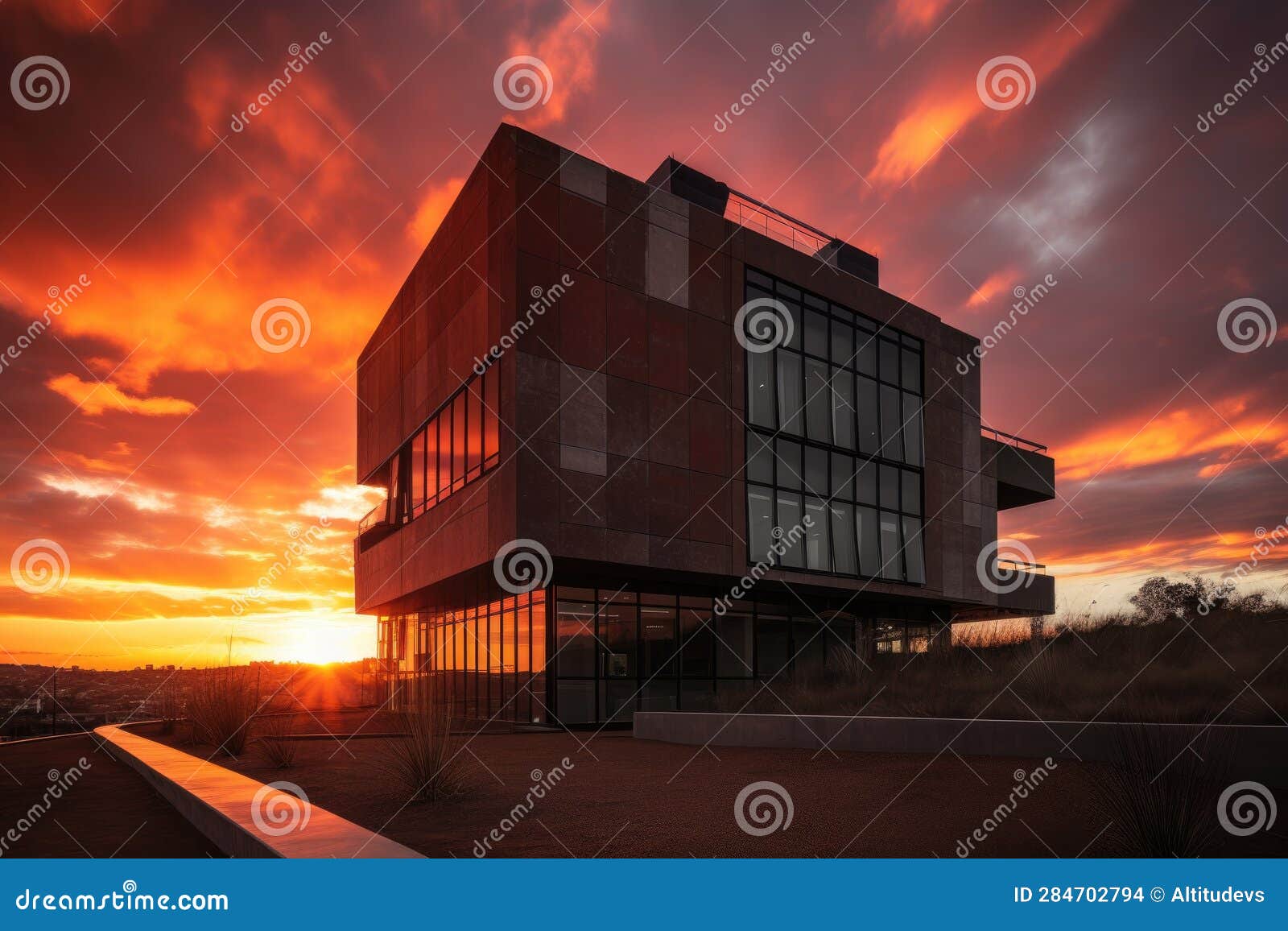 Modern Building, with Dramatic Sunset in the Background, Creating a ...