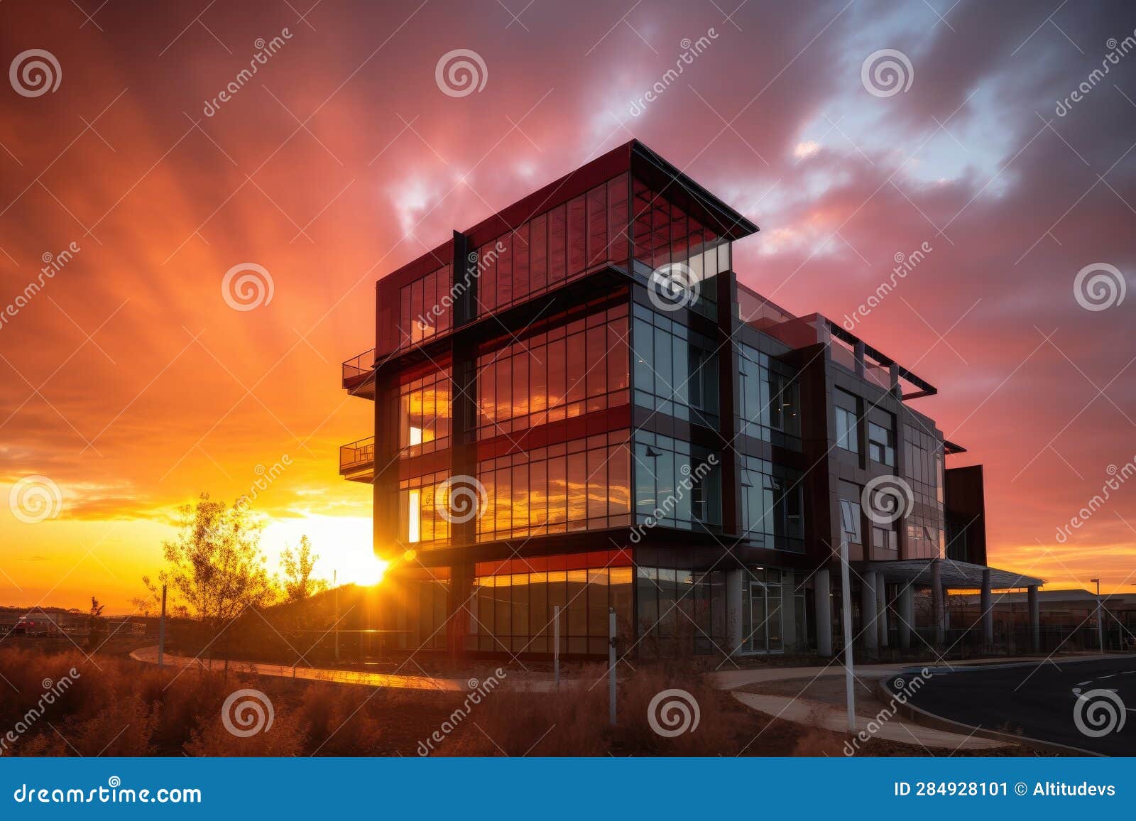 Modern Building, with Dramatic Sunset in the Background, Creating a ...