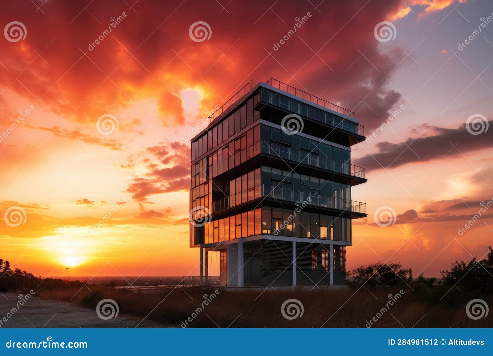 Modern Building with a Dramatic View of Sunset in the Background Stock ...
