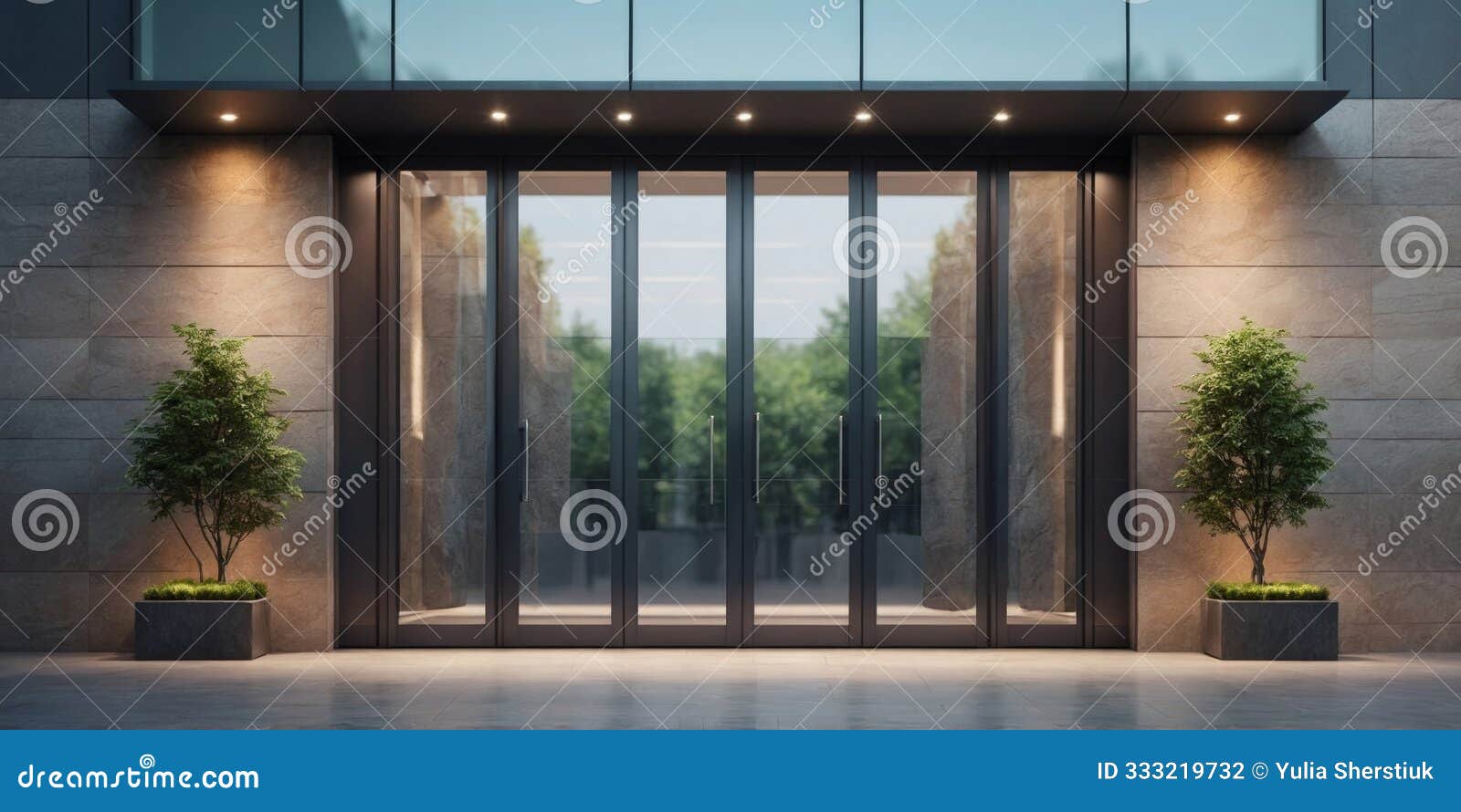 Modern Building Entrance with Glass Doors and Stone Facade. Stock ...