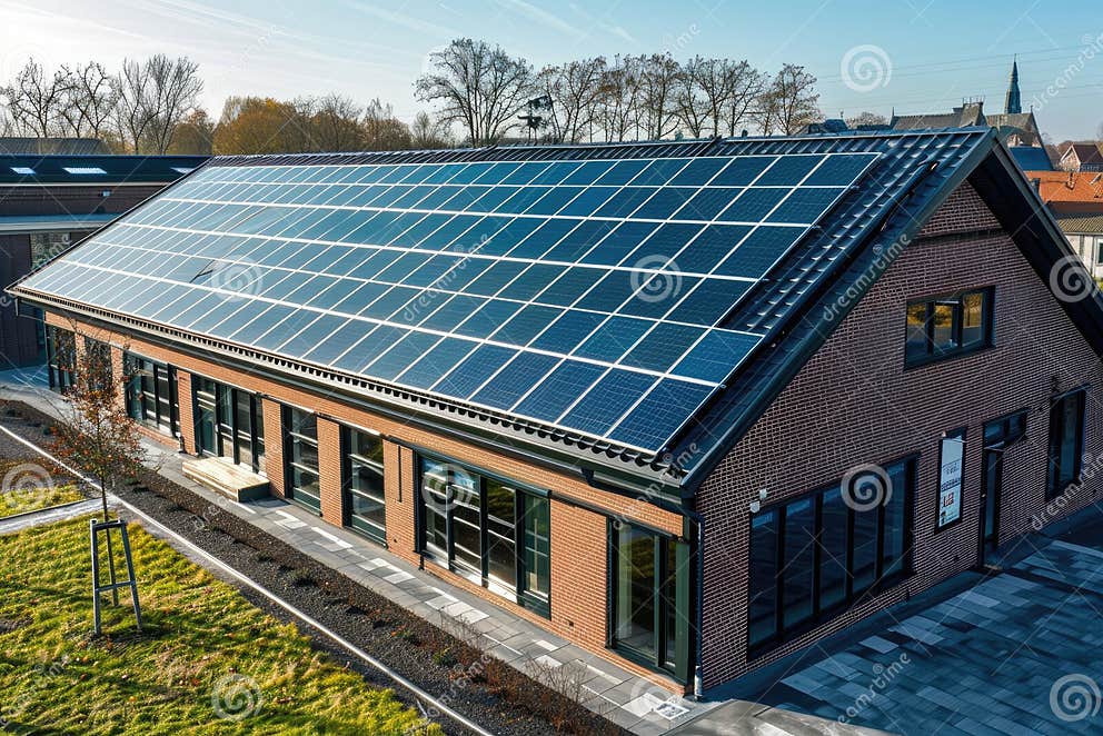 A Modern Building Fitted with an Extensive Array of Solar Panels ...