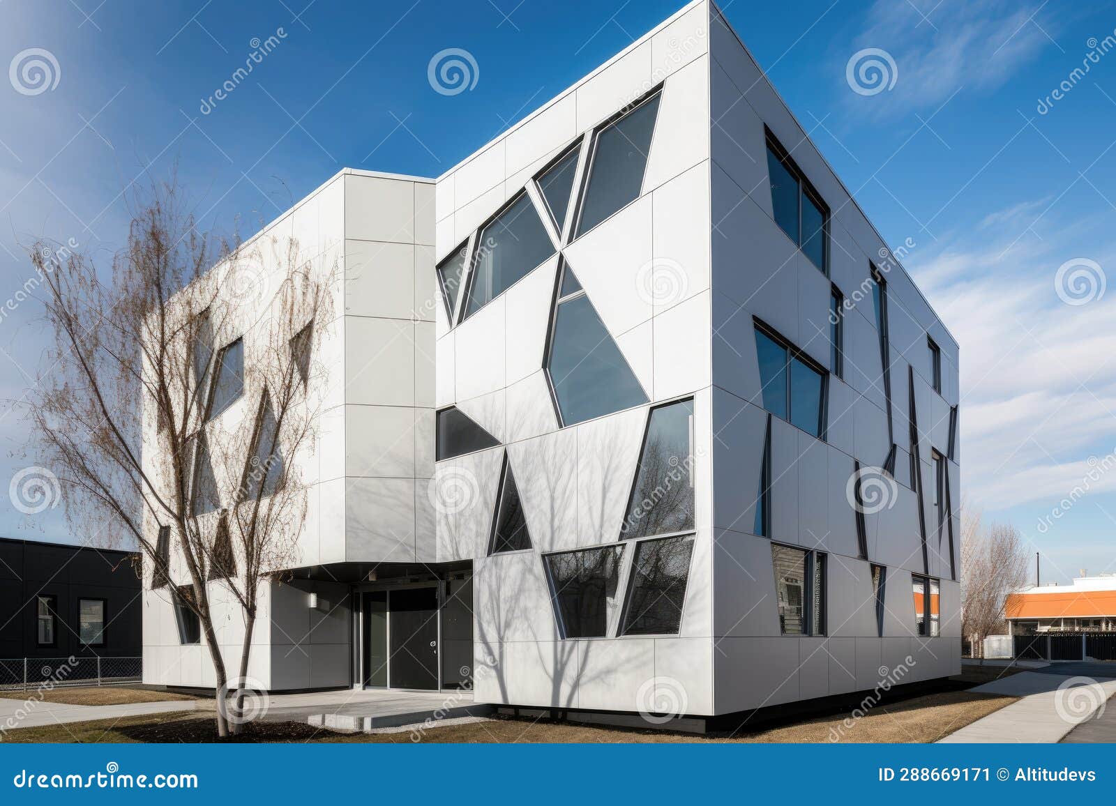 Modern Building with Geometric Facade, Featuring Clean Lines and ...