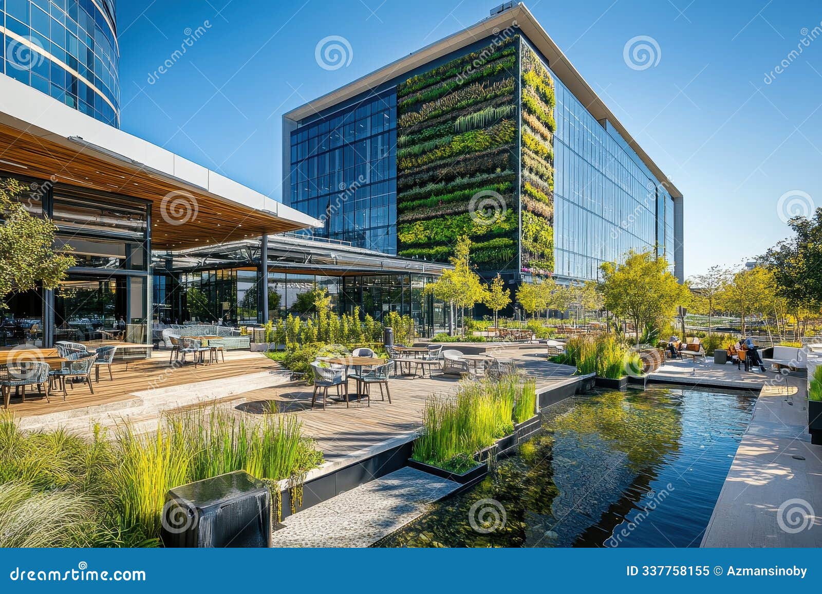 Modern Building with Greenery and Outdoor Seating, Promoting a ...