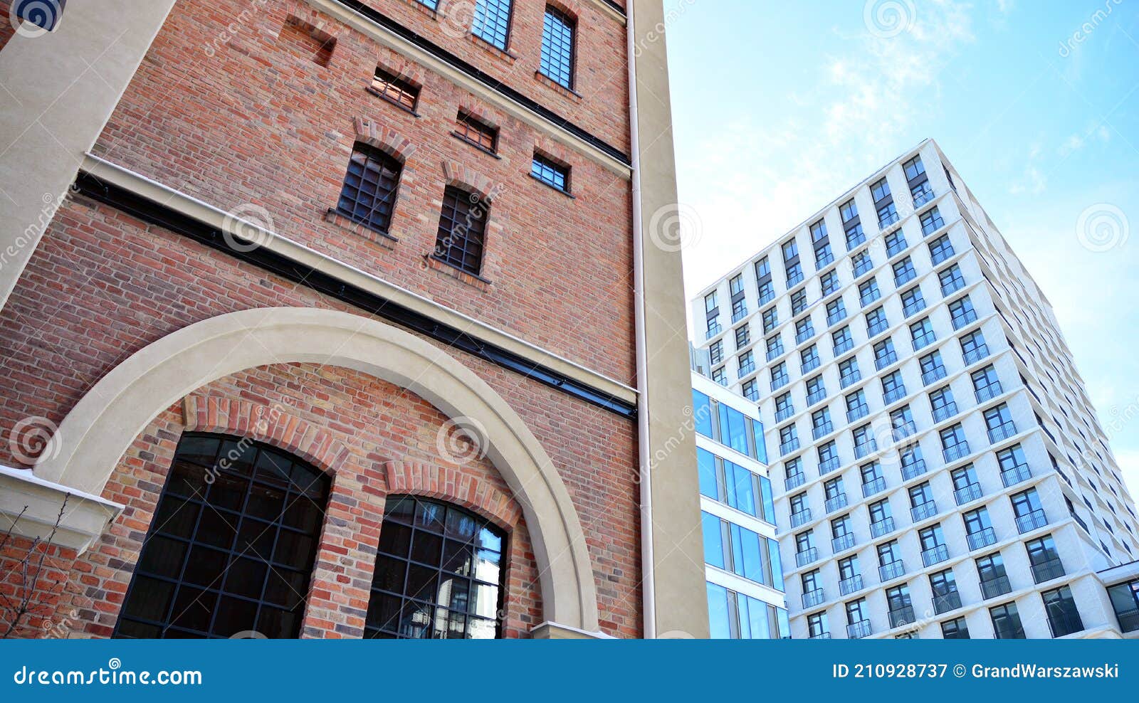 Revitalized Red Brick Building and Modern Office Building. Stock Image ... Revitalized Red Brick Building and Modern Office Building. Stock Image ...