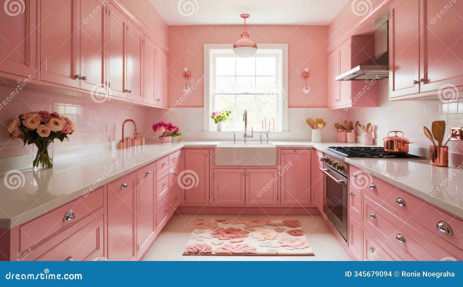 Modern Building Pink Kitchen Interior Stock Illustration - Illustration ...