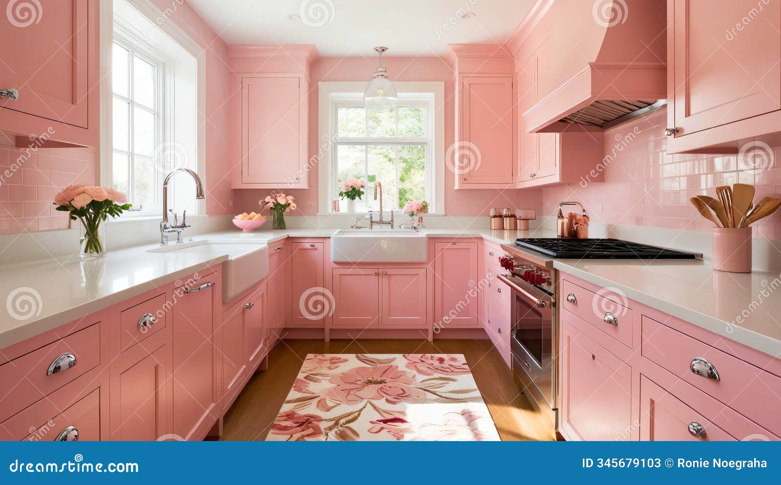 Modern Building Pink Kitchen Interior Stock Illustration - Illustration ...