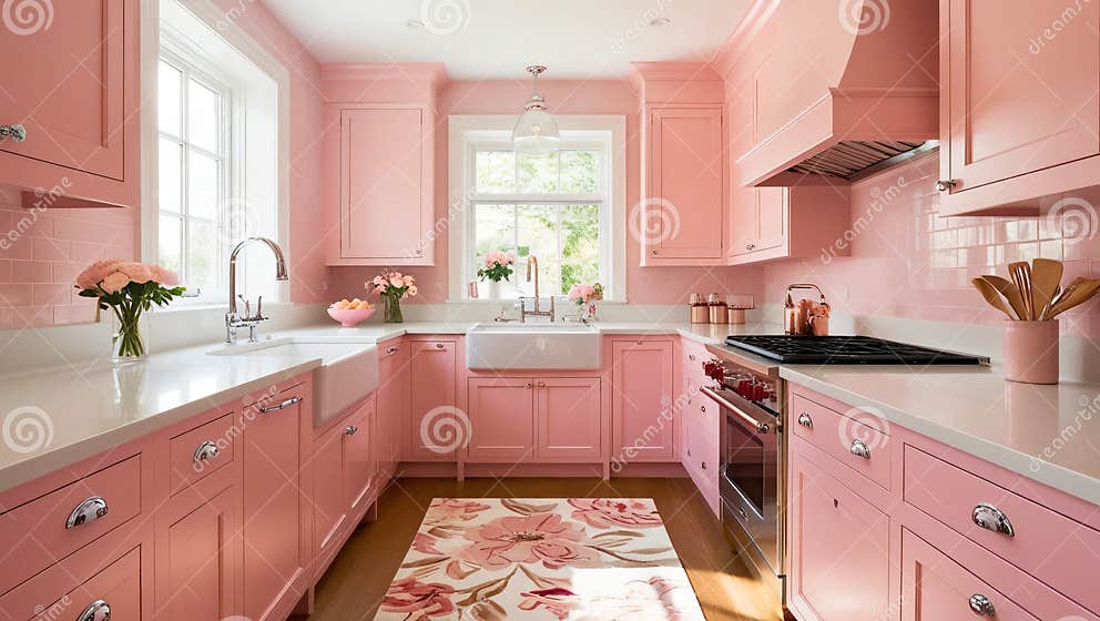 Modern Building Pink Kitchen Interior Stock Illustration - Illustration ...